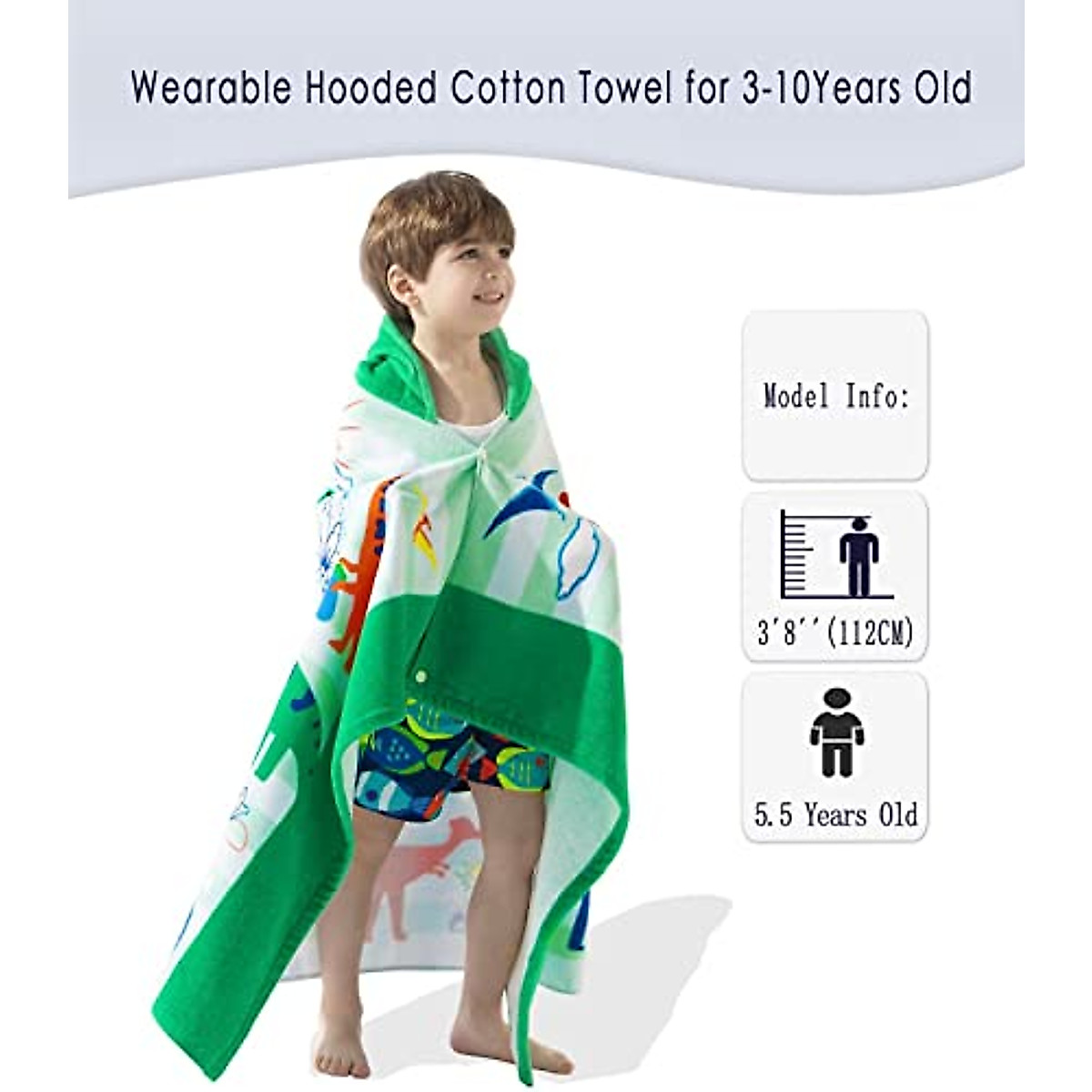 VOOVA & MOVAS Kids Towels with Hood | Soft Cotton (30X50 inches) Beach | Pool | Bath Towels | Summer Beach Essentials | Wrap Bathrobe for Boys Ages 3-10, for Toddler, Dinosaur | Dino