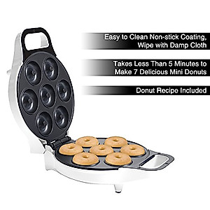 Chef Buddy Mini Donut Maker, Durable, Nonstick Easy to Use Mini Baking Machine - Cooks 7 Mini Doughnuts at a Time - Glazed, Frosted with Sprinkles, Nuts, or Vegan Donuts, & More, (White)
