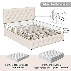 Keyluv Modern Upholstered Bed Frame with 4 Storage Drawers, Button Tufted Headboard Design, Solid Wooden Slat Support, Easy Assembly, Fabric, Beige, Queen Size