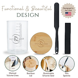 Essential Sourdough Starter Jar Kit (34 oz.) - Sourdough Jar Wide Mouth with Black Silicone Spatula, Elastic Tracking Band, and Bamboo Lid- Sourdough Kit - Sourdough Starter Kit Beginners