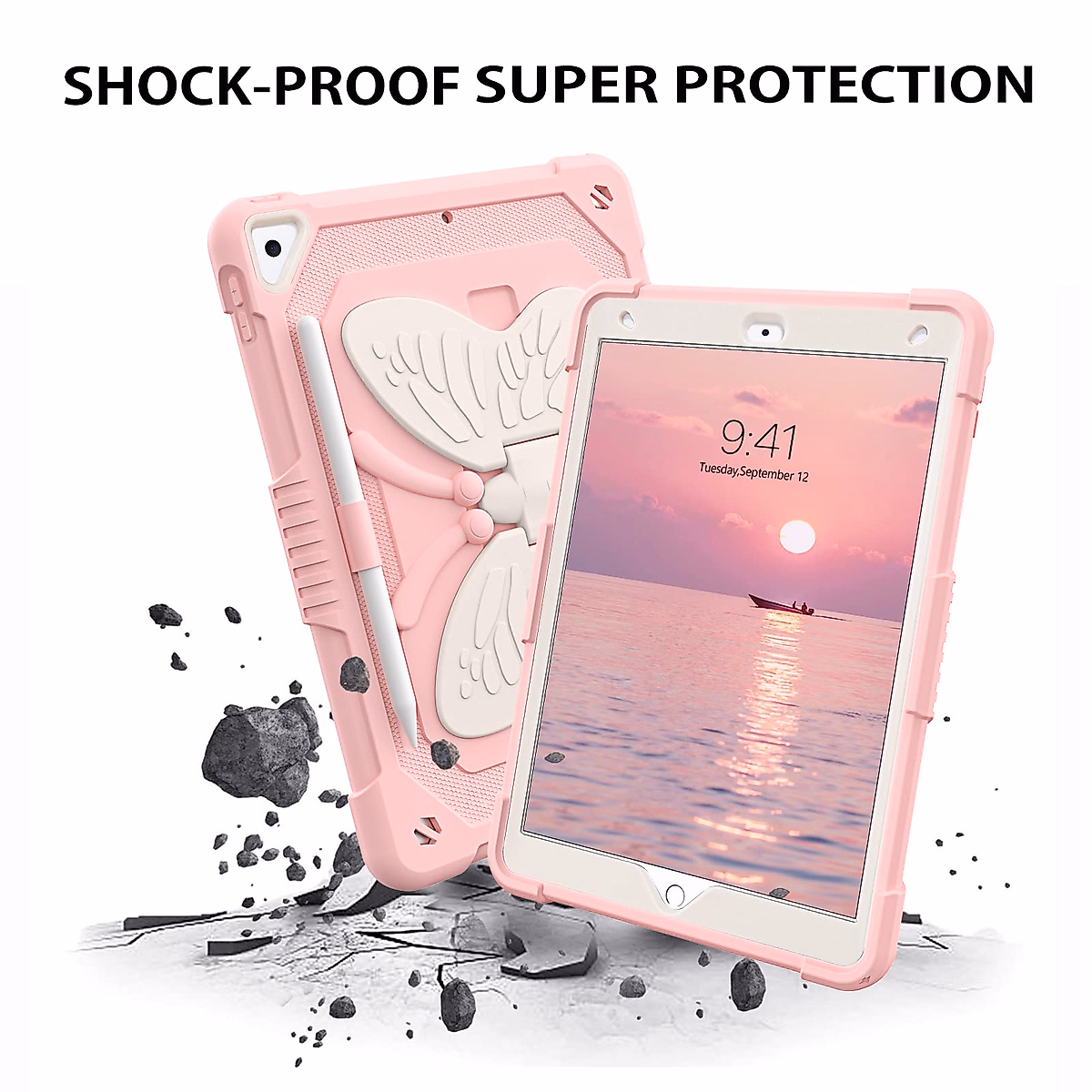 DUEDUE for iPad 10.2 9th/8th/7th Generation Case 2021/2020/2019, Butterfly Wings Kickstand with Pencil Holder Heavy Duty Rugged Shockproof Case for New Apple iPad Air 3 10.5, Beige/Pink