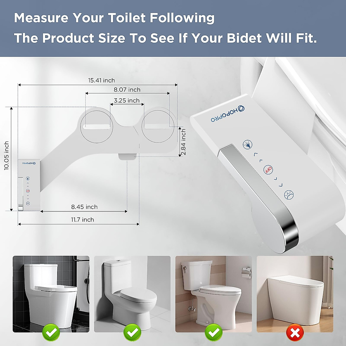 HOPOPRO Bidet Attachment for Toilet, Non-Electric Bidet Ultra-Slim Dual Nozzle (Feminine/Rear Wash), Fresh Cold Water Sprayer Bidets for Existing Toilets with Adjustable Pressure Control 1-Min Install