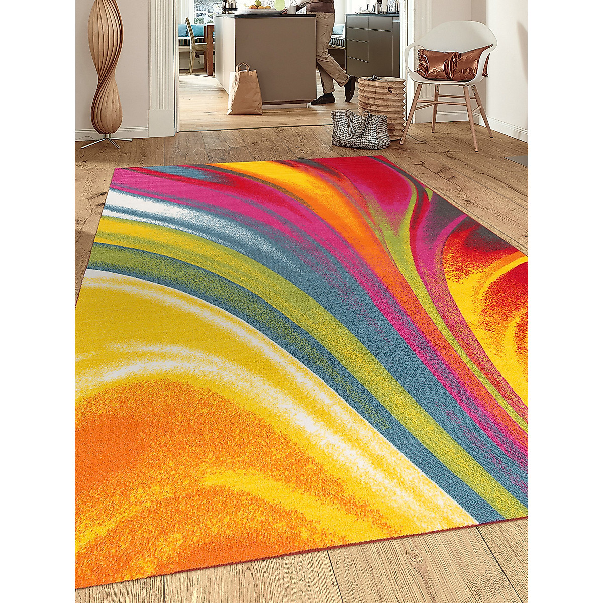 Modern Contemporary Waves Non-Slip (Non-Skid) Area Rug 8 x 10 (7' 10" x 10') Multi