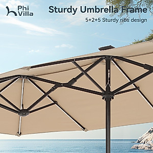 PHI VILLA 13ft Large Patio Umbrella with Solar Lights, Double-Sided Outdoor Market Rectangle Umbrella with 120 PCS LED Lights, Beige (No Base)