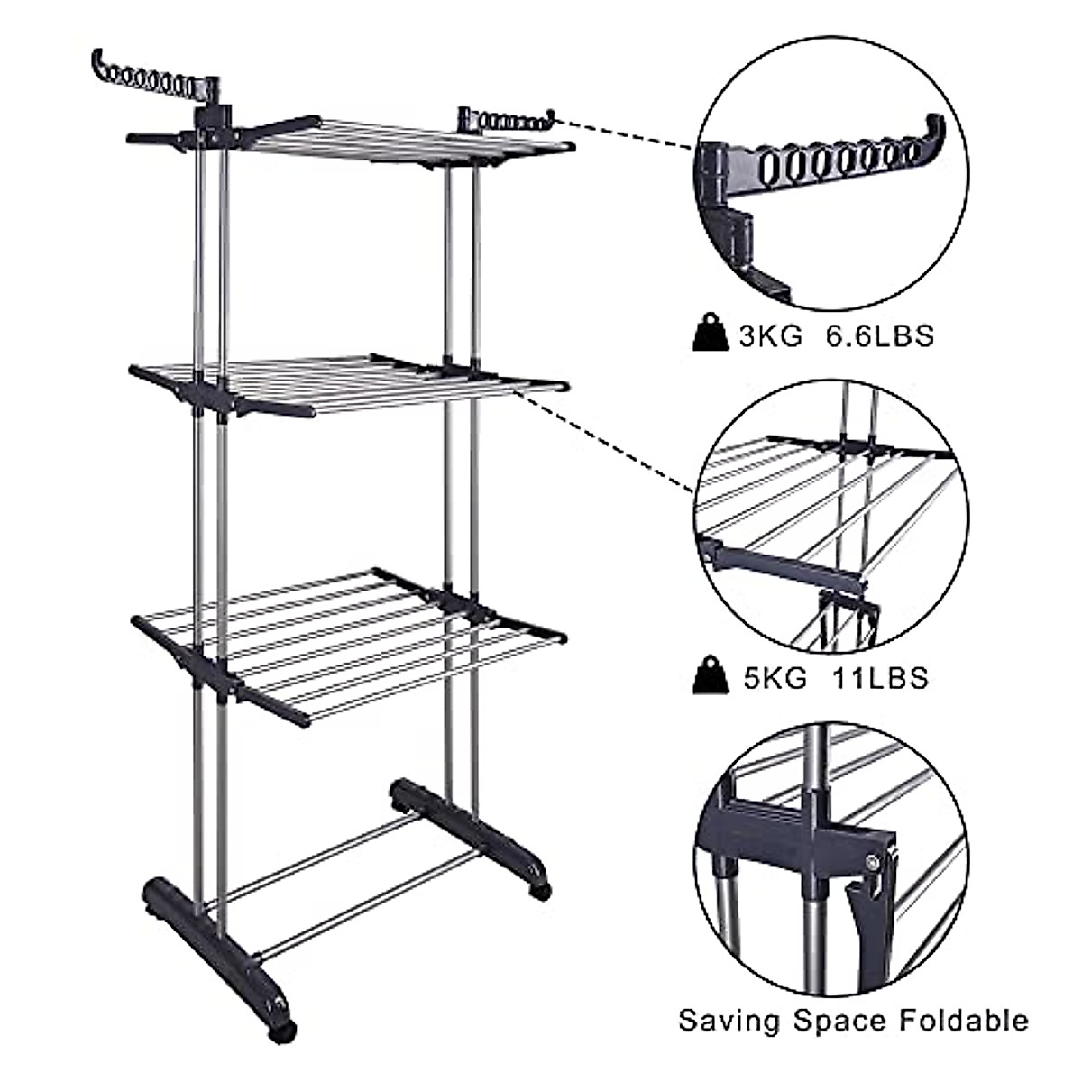 Aquaterior Folding 3 Tier Clothes Drying Rack Rolling Collapsible Garment Laundry Dryer Hanger Stand Rail Indoor Dark Grey