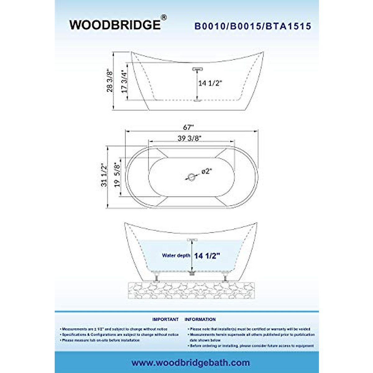 WOODBRIDGE 67" Acrylic Freestanding Bathtub Contemporary Soaking White Tub with Brushed Nickel Overflow and Drain，B-0010