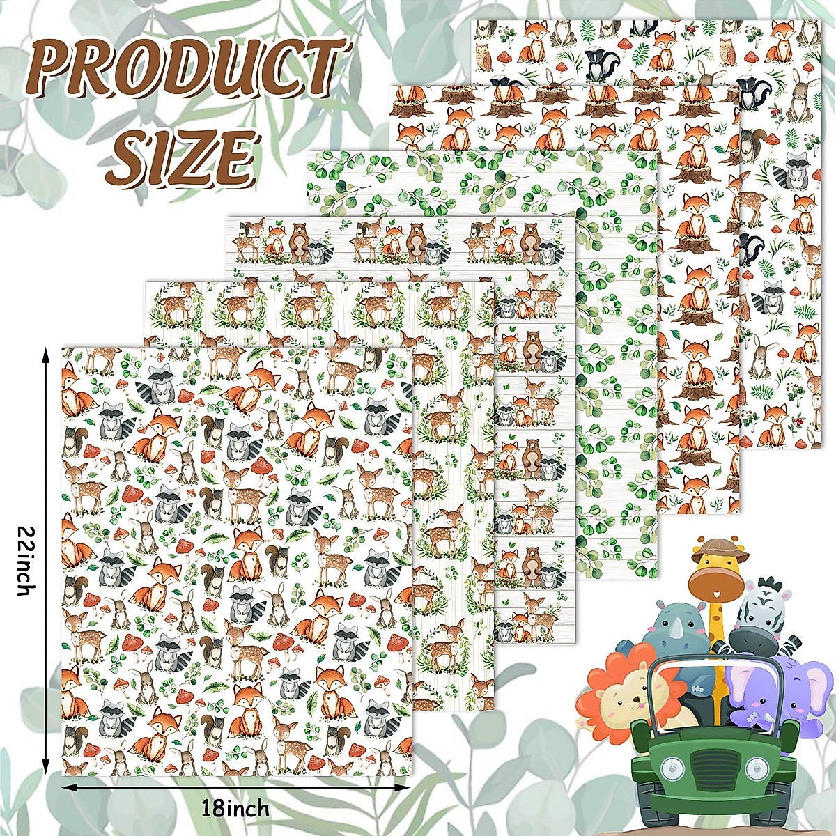 Whaline 6Pcs Woodland Cotton Fabric Bundles Woodland Animal Eucalyptus Printed Fat Quarters Sewing Fabrics for DIY Handmade Crafting, 18 x 22 Inch