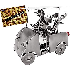 BRUBAKER Wine Bottle Holder 'Golfer in Golf Cart' - Table Top Metal Sculpture - with Greeting Card