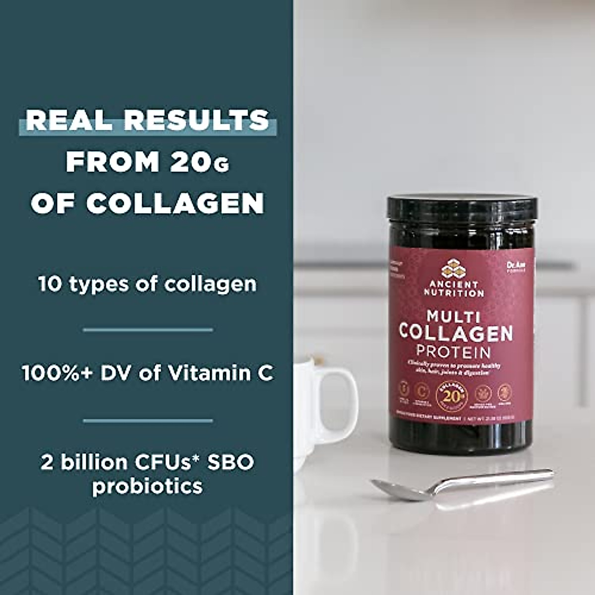 Ancient Nutrition Collagen Powder Protein with Vitamin C and Probiotics, Multi Collagen Protein, Unflavored, 24 Servings, Hydrolyzed Collagen Peptides Supports Skin and Nails, Gut Health, 8.6oz