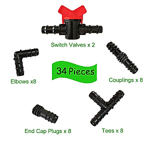 Drip Irrigation Fittings Kit, Irrigation Barbed Connectors for 1/2" Tubing 34 Piece - 2 Switch Valves, 8 Couplings, 8 Tees, 8 Elbows and 8 End Cap Plugs, Irrigation Water Hose Connector 1