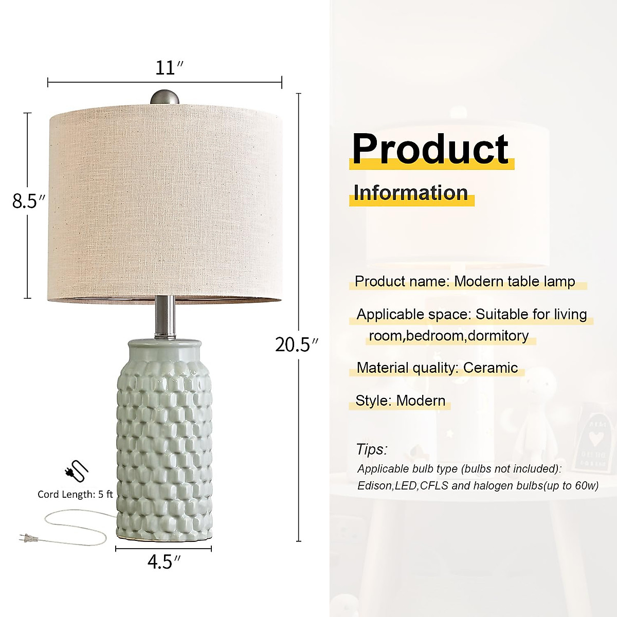 USumkky 20.5 inches Modern Ceramic Green Bedside Lamp Set of 2 for Bedroom Decor Farmhouse Table Lamp for Living Room Office Dorm