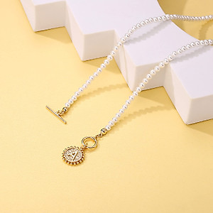 Initial Choker Pearl Necklace for Women, 14K Gold Plated Handmade 4MM Simulated Pearl Necklace Choker Dainty Toggle Clasp M Initial Coin Pendant Pearl Necklace Jewelry Gifts for Women (M)