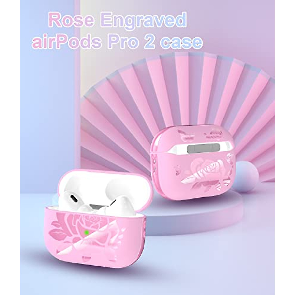 ROMSEA for AirPods Pro 2nd Generation Case Cover 2022, Rose Engraved Bling Floral Replacement Charging Case Cover for Women Shock-Absorbing Protective Case with Lanyard [Front LED Visible],Pink