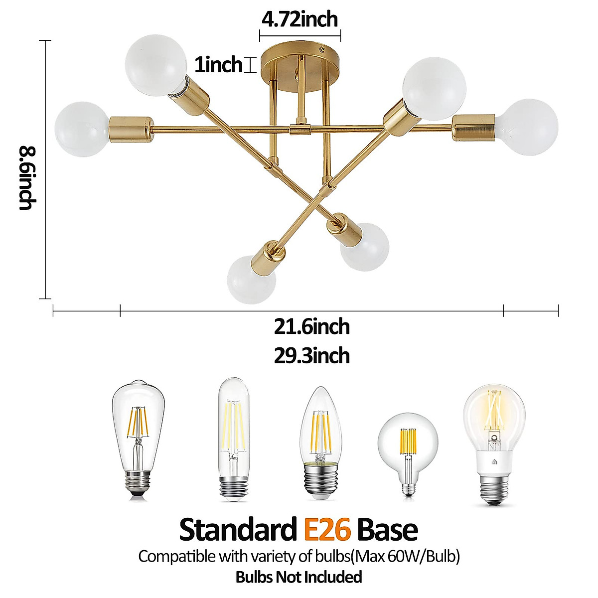 YXTH Semi Flush Mount Ceiling Light Fixture, 6 Lights Modern Sputnik Chandelier Ceiling Lamp with E26 Bulb Base, Light Fixtures Ceiling Mount for Bedroom Kitchen Living Room Hallway (Gold)