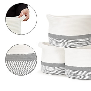 DECOMOMO Woven Baskets for Storage | Large Decorative Cotton Rope Basket for Organizing Baby Toy Book Nursery Kids Laundry Organizer 15" x 11" x 10" (Grey, Large – Set of 3)