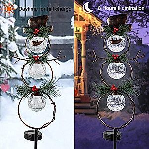 GUOOU Solar Christmas Yard Decorations, Outdoor LED Solar Powered Glass Ball Lights, Xmas Snowman Pathway Lights, Metal Solar Garden Stake Lights, Snowman Christmas Lawn Yard Ornament, Set of 2