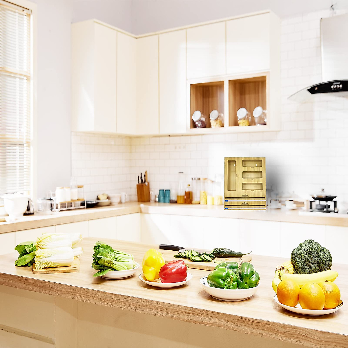 LQQBOX Bamboo Ziplock Bag Storage Organize, 6 in 1 Bamboo Wrap Dispenser Compatible with 12" Parchment Paper Roll Cutter for Gallon, Quart, Sandwich Bags, Roll etc