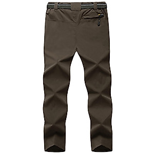 TBMPOY Men's Lightweight Hiking Pants with Belt 5 Zip Pockets Waterproof Quick-Dry Travel Fishing Work Outdoor Pants Thin Brown M