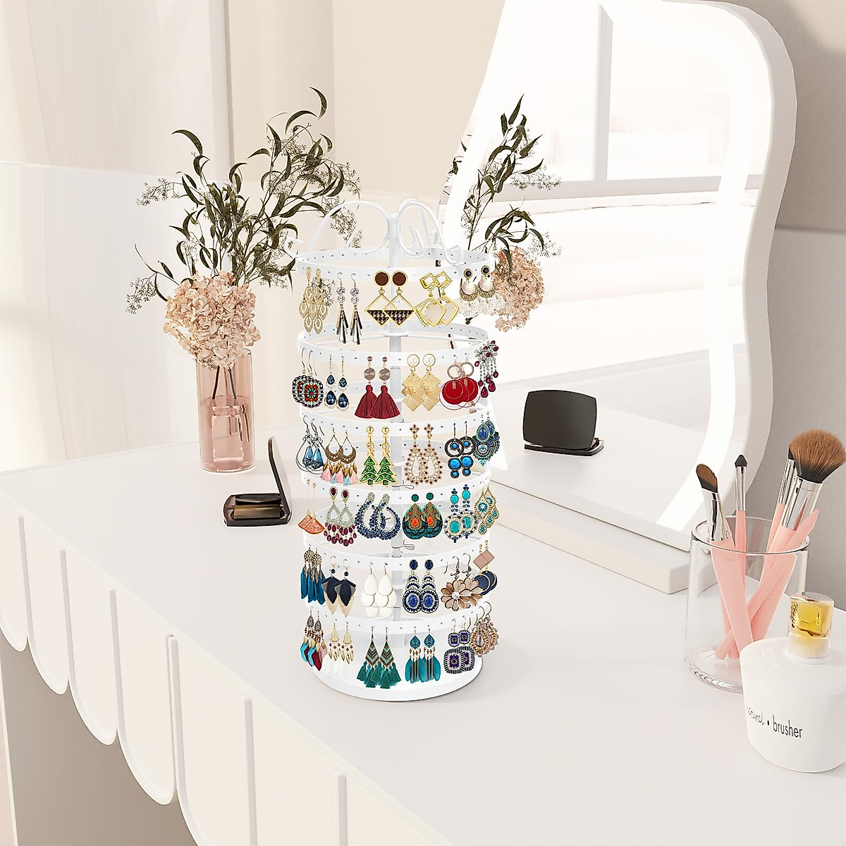 MODOWEY 6 Tier Rotating Metal Earring Holder Organizer Stand Adjustable Display Tree for Women, 264 Holes Large Storage Rack for Stud Post Dangling Hoop, Keep Earrings Neatly Arranged(White)