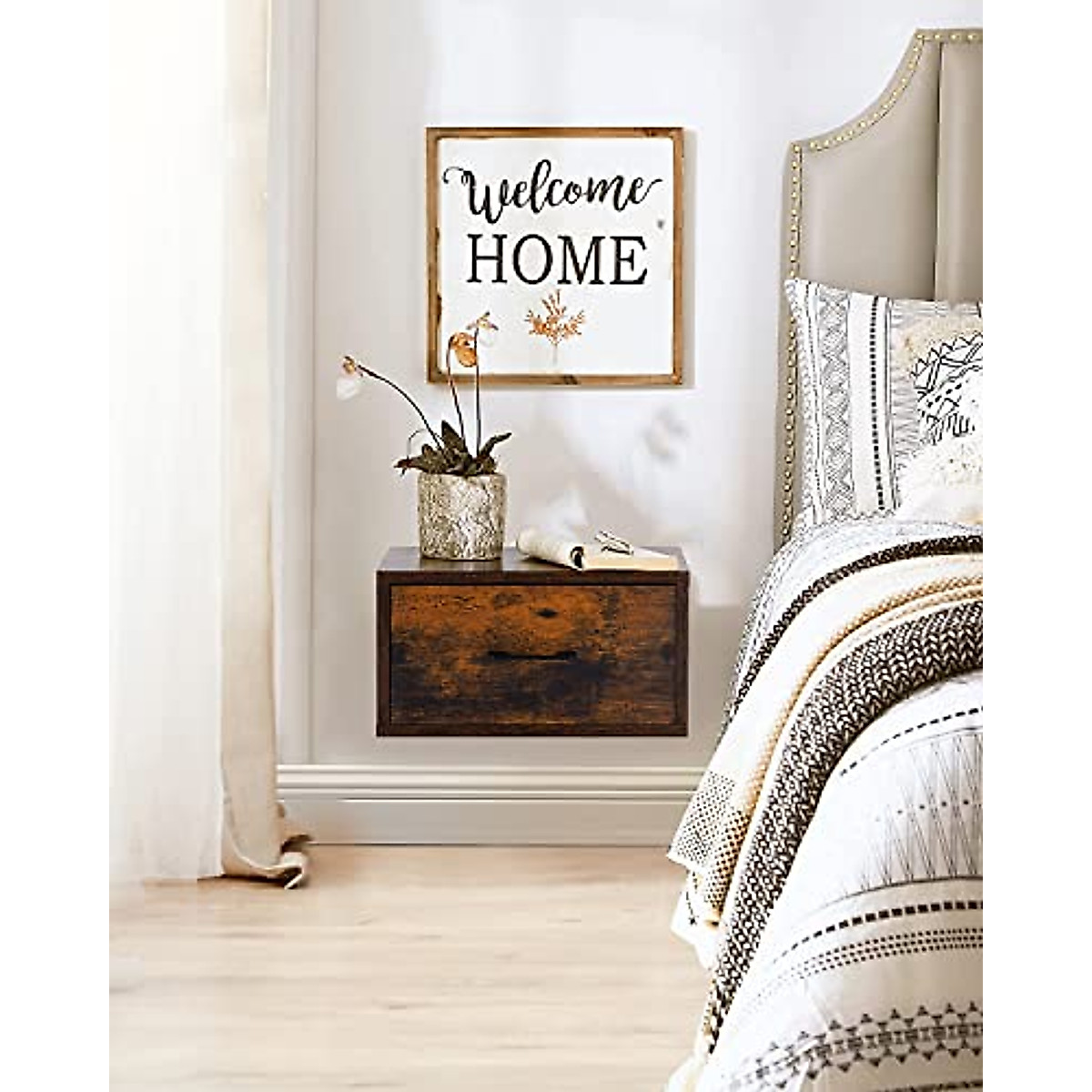 Filano Floating Nightstand with Drawer Rustic Wood Wall Mounted Nightstand Small Nightstand Floating Bedside Table Floating Shelf with Drawer