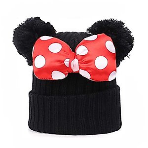 Toddler Girls Winter Beanie Hats with Pom Poms Warm Knit Baby Cap with Cute Mouse Ears Bowknot Black