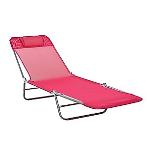 Outsunny Folding Chaise Lounge Chair, Pool Sun Tanning Chair, Outdoor Lounge Chair with Reclining Back, Breathable Mesh Seat, Headrest for Beach, Yard, Patio, Pink