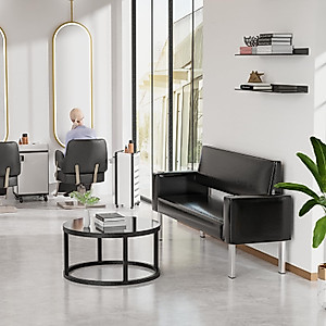 LEADZM Waiting Room Bench Seating, Salon Reception Office Chairs, Heavy Duty Guest Lobby Chairs with 2 Cup Holder,Leather Settee with Backrest & Armrest, Beauty Barber Furniture, Black