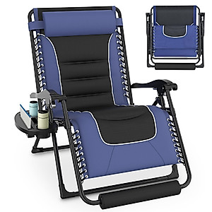 Slendor Oversized Zero Gravity Chair, 29Inch XL Padded Reclining Camping Chair with Cup Holder & Footrest, Folding Outdoor Recliner Reclining Patio Chairs, Anti Gravity Gravity, Blue