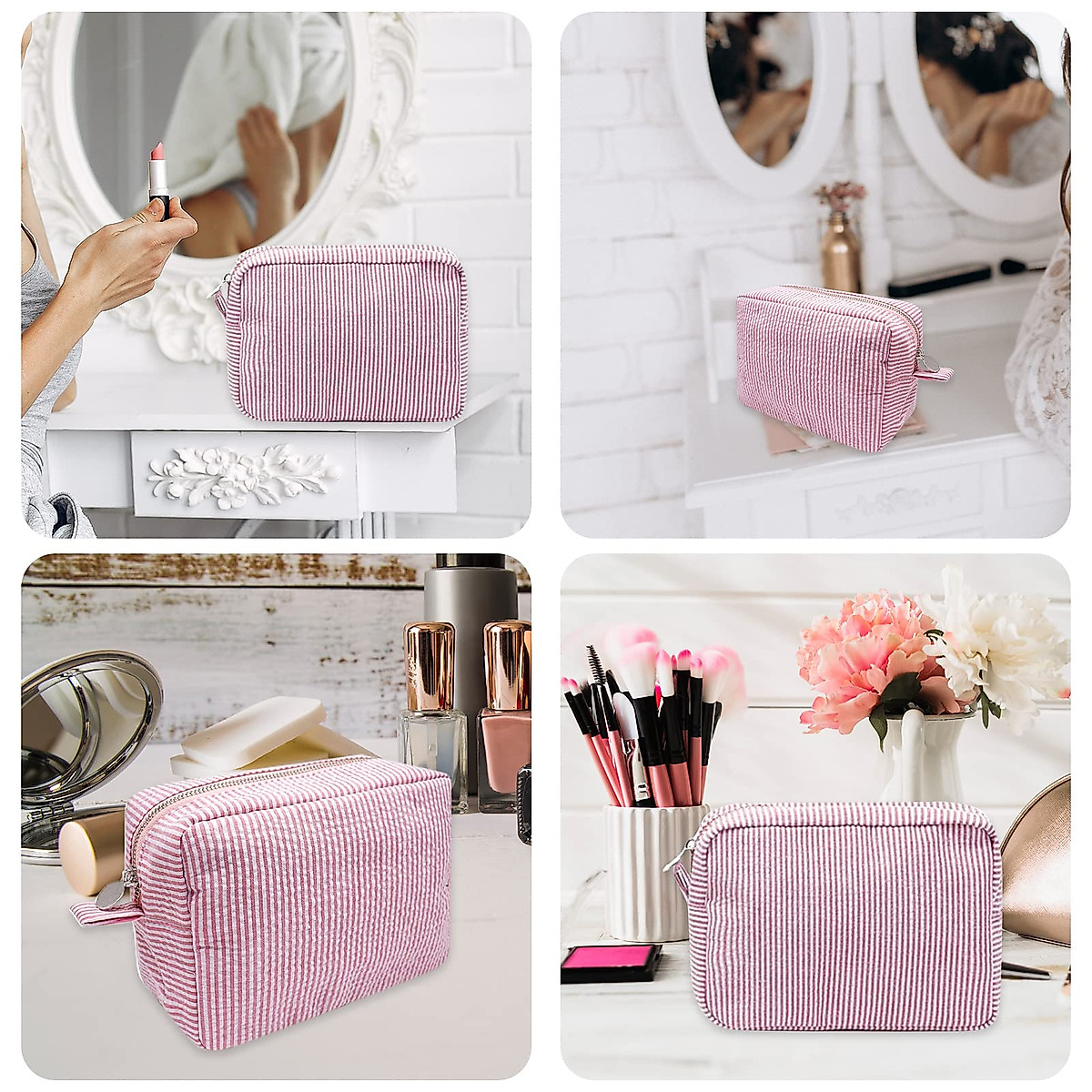 GFU Cosmetic Bag for Women, Large Makeup Bag, Travel Toiletry Stripe Cosmetic Bag, Seersucker Women Aesthetic Organizer Storage Pouch, Girls Handbags Purses (Pink)