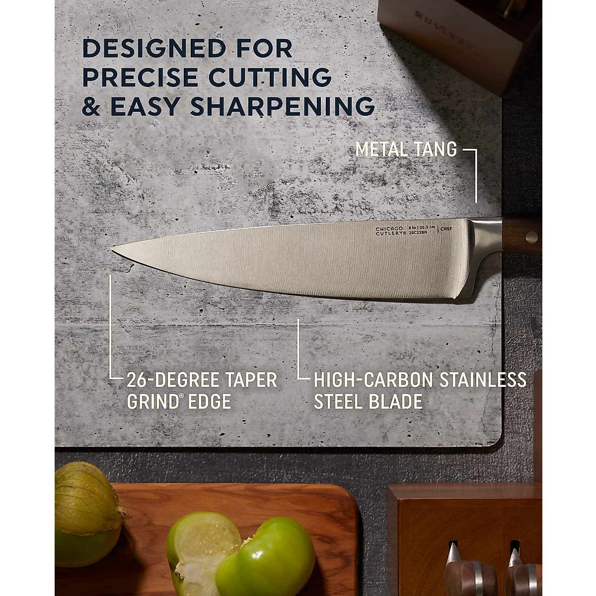 Chicago Cutlery Racine 12-Pc Kitchen Knife Wood Block Set, Stainless Steel Knives, Serrated, Chef, Utility, and Paring Knife, Removable Steak Knife Block, Walnut Handle