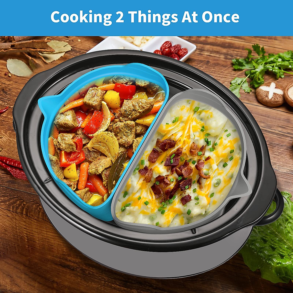 OUTXE Slow Cooker Divider Liner fit 6 QT Crockpot, Reusable & Leakproof Silicone Crockpot Divider, Dishwasher Safe Cooking Liner for 6 Quart Pot (Grey+Blue)