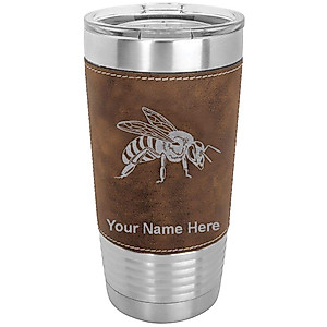 LaserGram 20oz Vacuum Insulated Tumbler Mug, Honey Bee, Personalized Engraving Included (Faux Leather, Rustic)