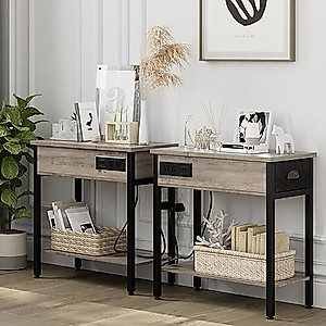 23 "End Table with Charging Station- Flip Top Narrow Side Tables With Storage Drawers/USB Ports/Outlets Sofa Couch Bedside Table Night Stand Furniture for Living Room Bedroom Office Small Spaces