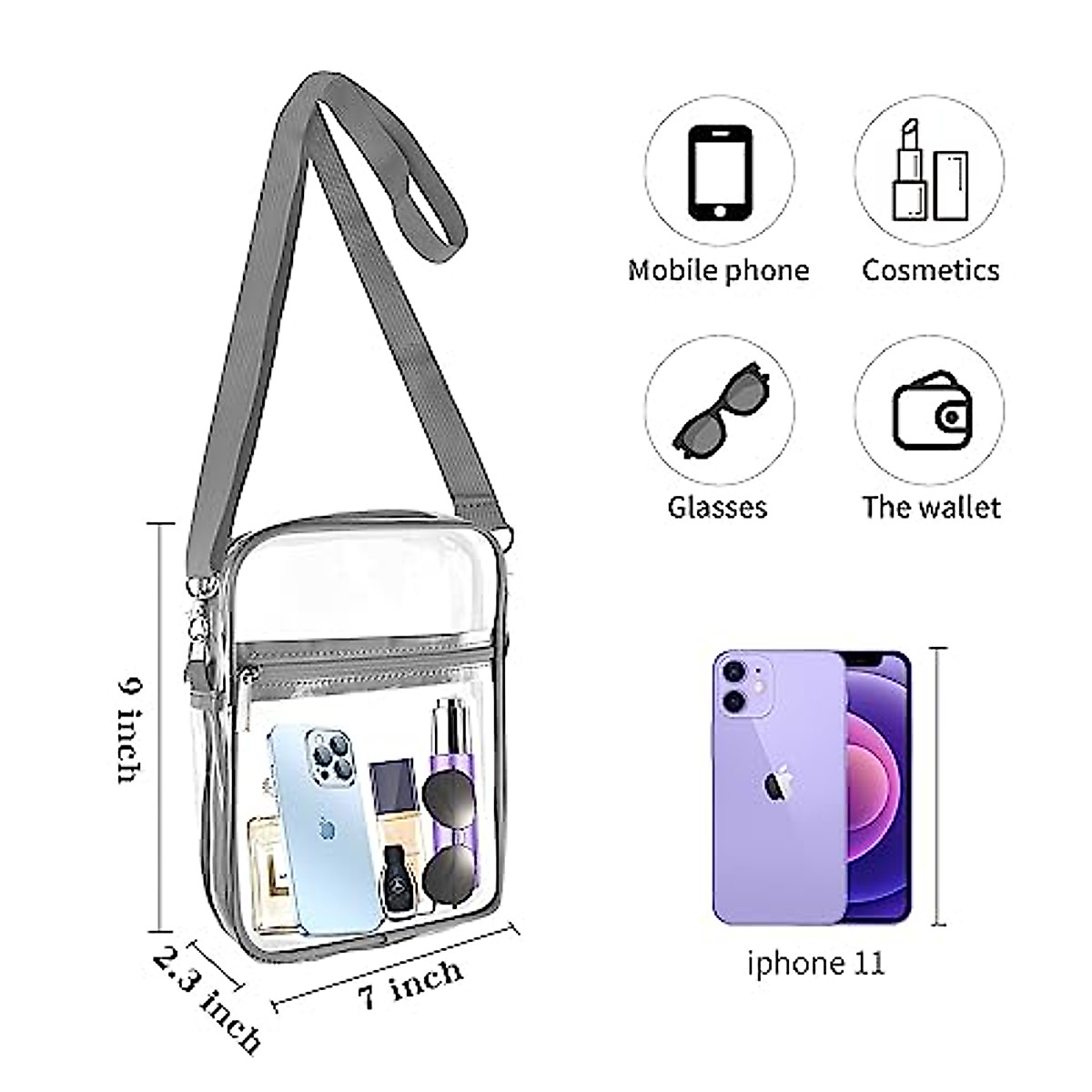 GXXYLGS Clear Purses for Women Stadium Clear Bag Clear Bag Stadium Approved Clear Purse Clear Stadium Bag Clear Crossbody Bag Stadium Bag Concert Bag Clear Crossbody Bag Stadium Approved (grey)