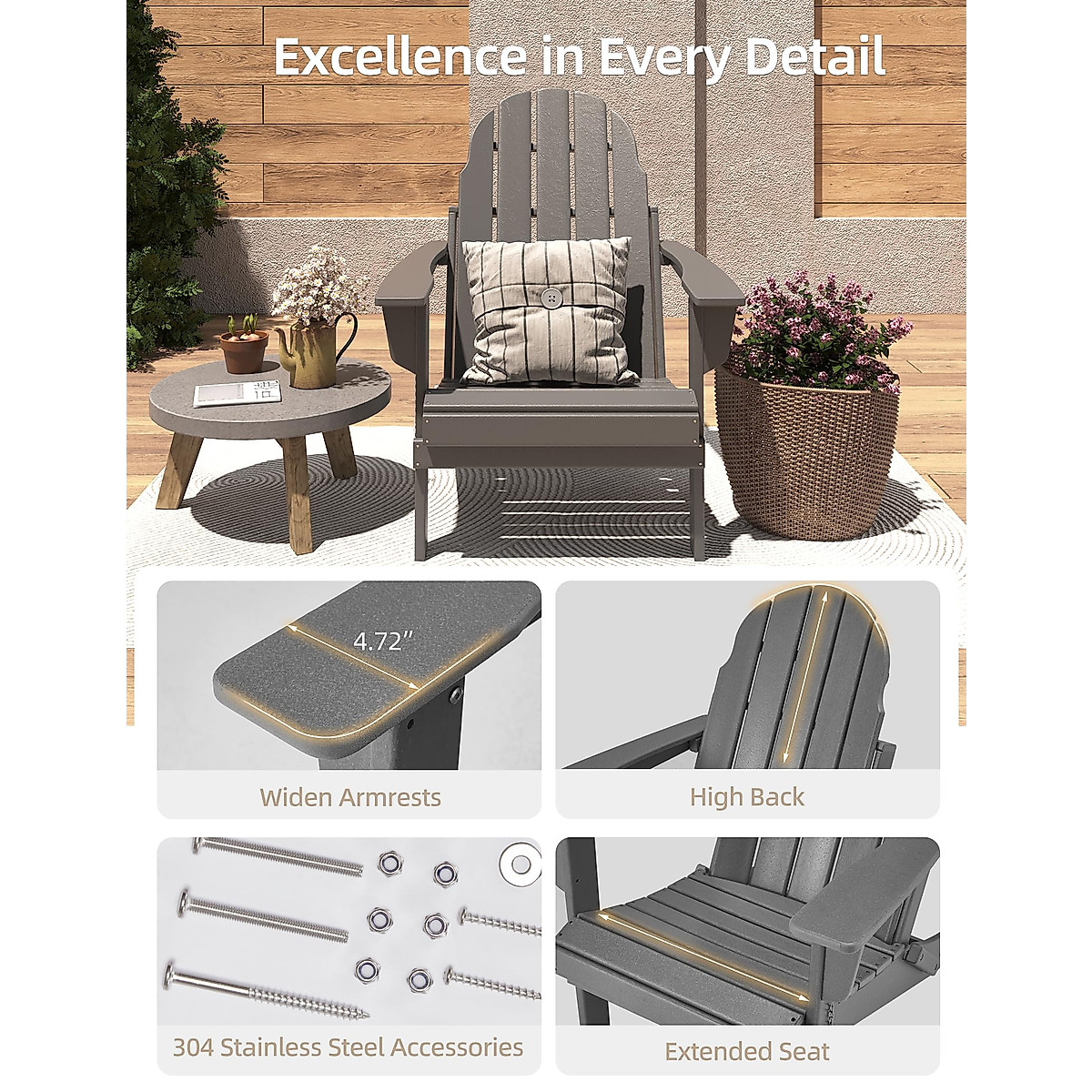 Folding Adirondack Chair - Durable HDPE Poly Lumber All-Weather Resistant, Foldable Oversized Balcony Porch Patio Outdoor Chair for Lawn, Backyard, Deck, Garden, Camping - Easy Installation, Gray