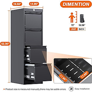 Aobabo 4 Drawer Filing Cabinet, Metal Storage Cabinet for Hanging Files, Steel Filing Cabinet for Home Office, 52.36in, Black