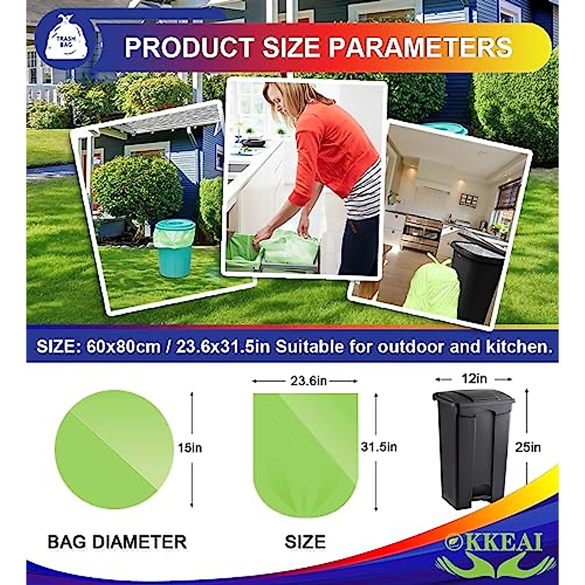 OKKEAI Large Garbage Bags 13 Gallon Tall Kitchen Green Trash Bags 49 Liter Bin Liners for Lawn Yard,Home,Office,60 Counts (Fits 10-15 Gallon Bins)
