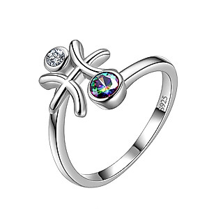 Aurora Tears Pisces Zodiac Rings Women 12 Constellation Horoscope Sign 925 Sterling Silver Mystic Rainbow Topaz Astrology Star Adjustable Birthday Gifts Fire Topaz Present DR0087Y