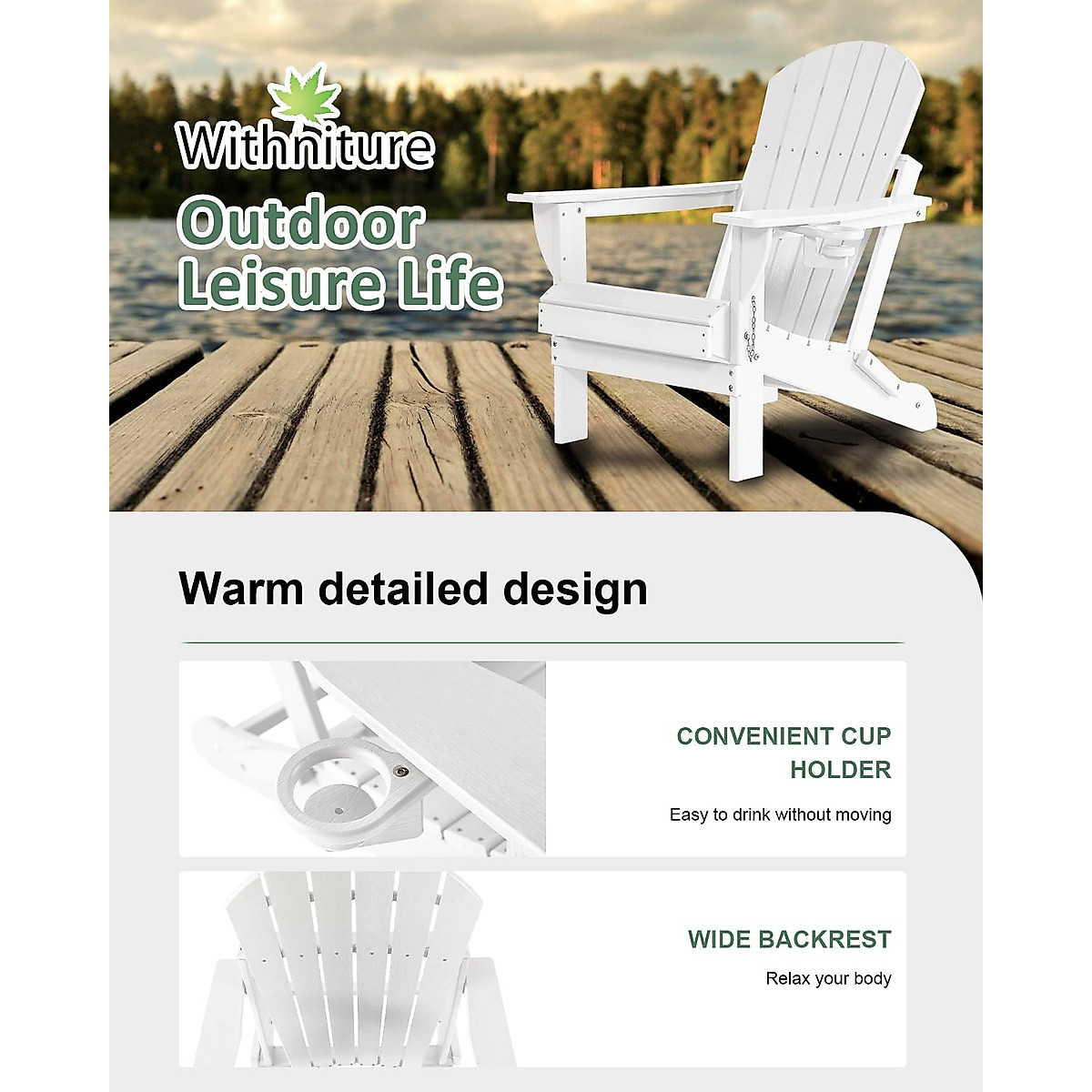 Withniture Folding Adirondack Chairs, HDPE Adirondack Chair Wood Texture Plastic Adirondack Chairs with Cup Holder, Weather Resistant Fire Pit Chairs for Backyard Deck, White