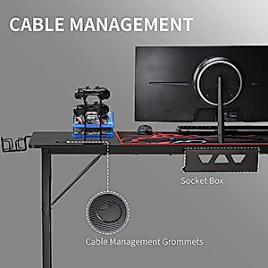 DESIGNA Gaming Computer Desk 63 inch, Large Home Office Study Writing Computer Desk, K-Frame Gaming Table with Handle Rack Cup Holder Headphone Hook Mouse Pad & Socket Box, Black