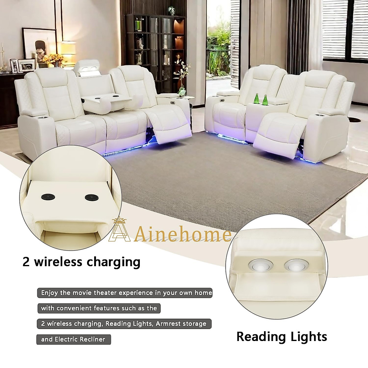 A Ainehome Power Leather Recliner Sofa Set with LED Lights, Recliner Sofa Sectional Couches for Living Room, Reclining Sofa and loveseat with USB Port/Storage Console(Creamy White,Sofa+loveseat)
