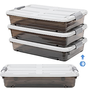 Beeveer 4 Pcs Plastic Under Bed Storage Containers with Lid Wheel Handle, Transparent Large Capacity Stackable Latching Storage Bins for Closet Bedroom Clothes Shoes (Brown,23.7 x 15.8 x 5.2)