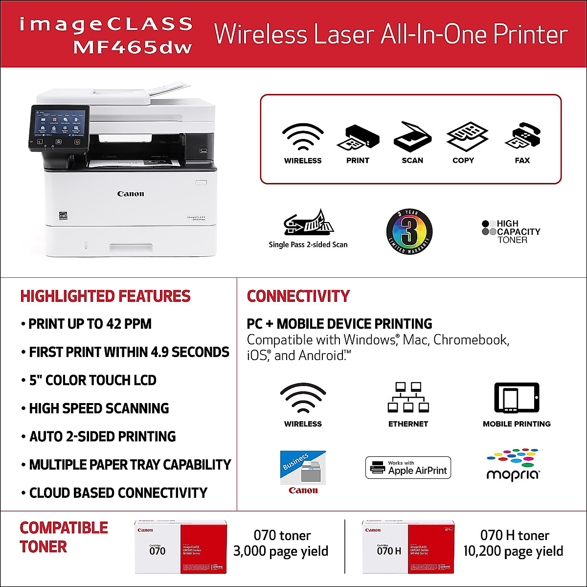 Canon imageCLASS MF465dw Wireless Mobile-Ready Duplex Laser All-in-One Monochrome Printer
