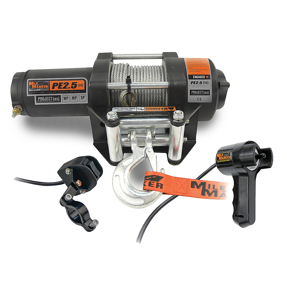 Mile Marker 77-50105BW PE2.5 ATV UTV Side by Side Electric Winch with 3/16” x 42’ Steel Cable - 2500 Pound Capacity - Fully Sealed, Submersible, Water, Mud & Snow Proof