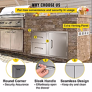 VBENLEM Outdoor Kitchen Drawers Combo 32.5x21.6 Inch Stainless Steel Access Door/Double Drawers with Paper Towel Rack for Outdoor BBQ Island & Kitchen