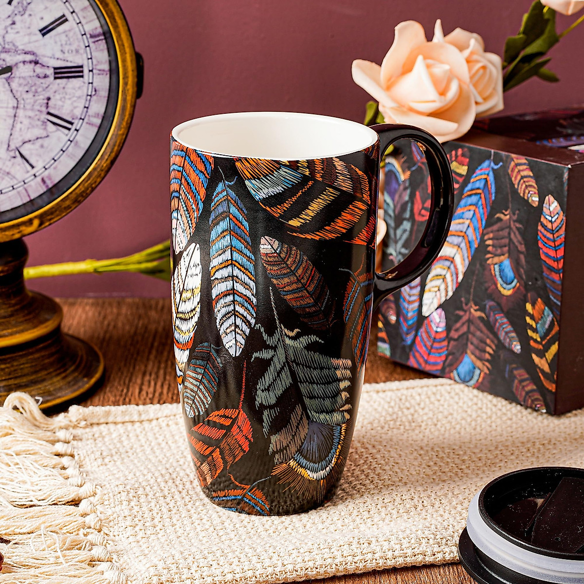 Topadorn Ceramic Coffee Mug Porcelain Latte Tea Cup With Lid and Present Box 17oz,Feather