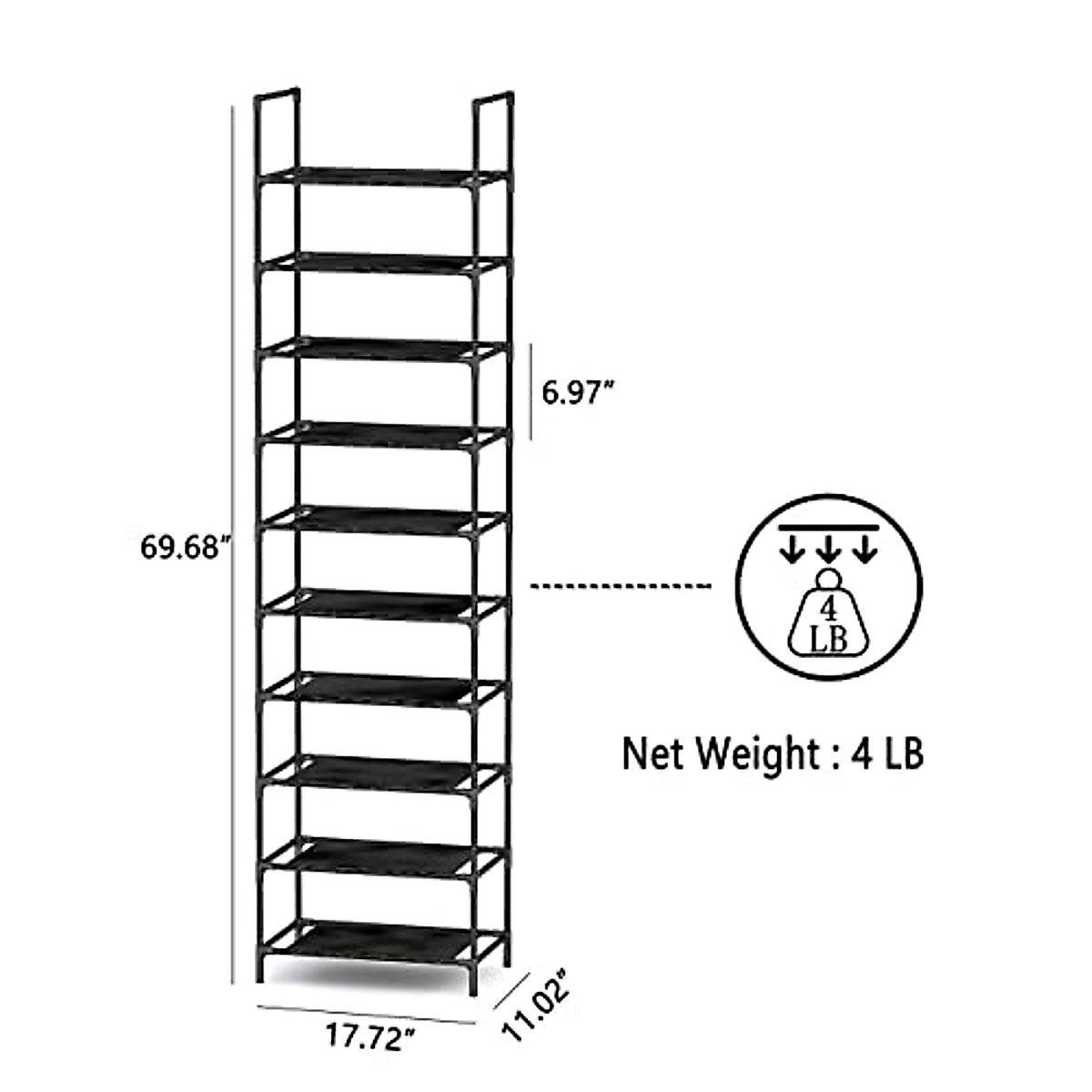 MCMACROS 10 Tiers Tall Free Standing Shoe Racks,Narrow Shoe Shelf Storage 20-24 Pairs Shoes, DIY assembly shoe rack layers,Space-Saving for Closet,Entryway,Anywhere.Black.
