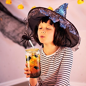 meekoo 6 Pcs Halloween Glass Cups 16 oz Iced Coffee Cups Pumpkins Bat Ghost Beer Tumblers with Lids and Straws Spooky Mug Mason Jar Glass for Halloween Party(Classic)