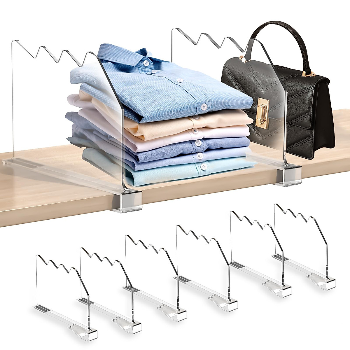 Delllala Acrylic Shelf Dividers Suitable for Closet Organization, Clear Closet Shelf Divider for Bedroom, Kitchen, Office, Cabinets, Bathroom, Wooden Shelving for Clothes Purses Separators, 6 PCS