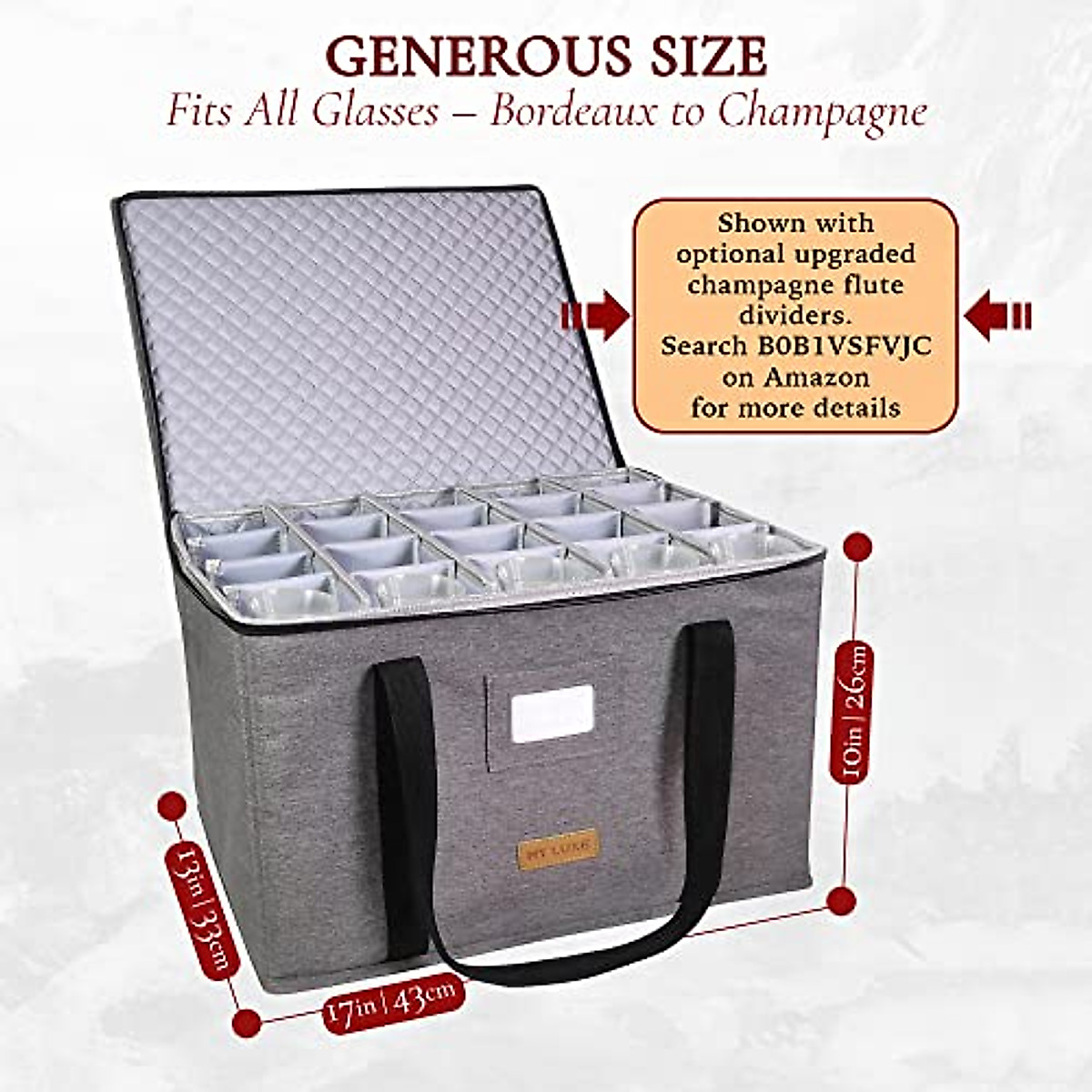 MyLuxe Wine Glass Storage Box - Case with Dividers for Wine Glasses, Crystal and Champagne Flutes, Padded Container with Sturdy Handle